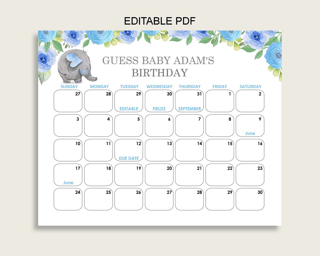 Blue Gray Guess Baby Due Date Calendar Game Printable, Elephant Blue ...