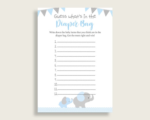 Elephant Guess What's In The Diaper Bag Game, Boy Baby Shower Blue Grey ...