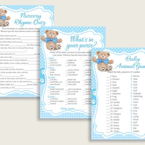 Teddy Bear Baby Shower Games Printable Pack, Blue Brown Baby Shower ...