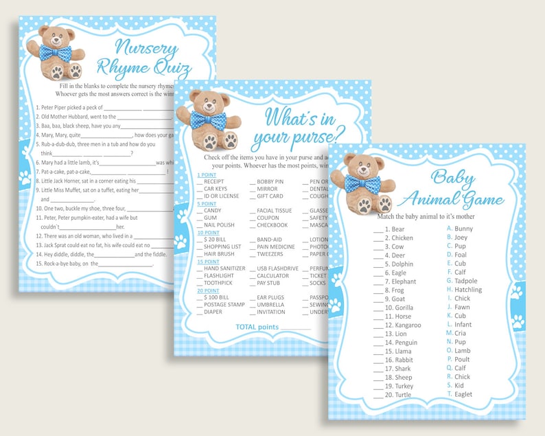 Teddy Bear Baby Shower Games Printable Pack Blue Brown Baby | Etsy