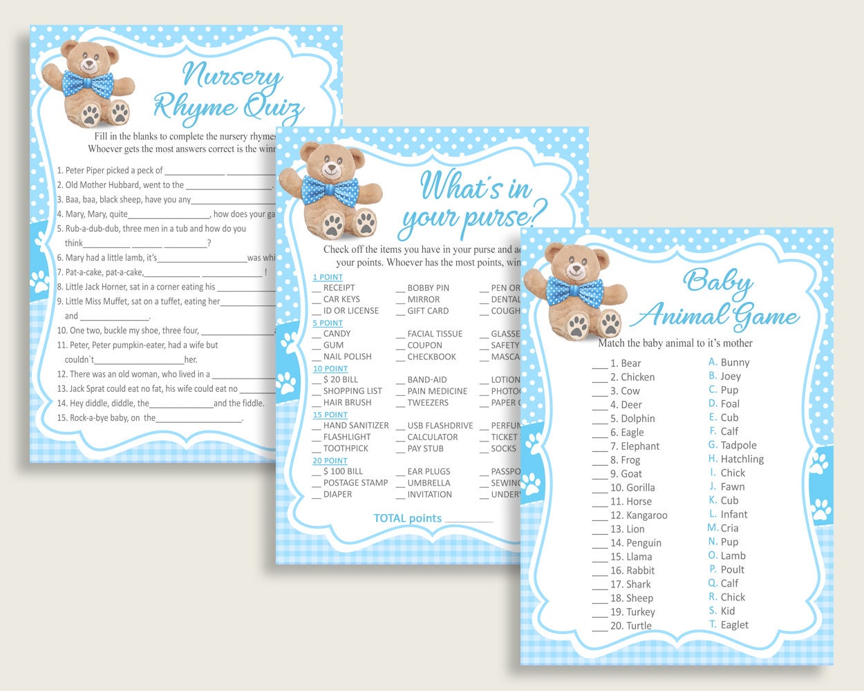 Teddy Bear Baby Shower Games Printable Pack, Blue Brown Baby Shower ...