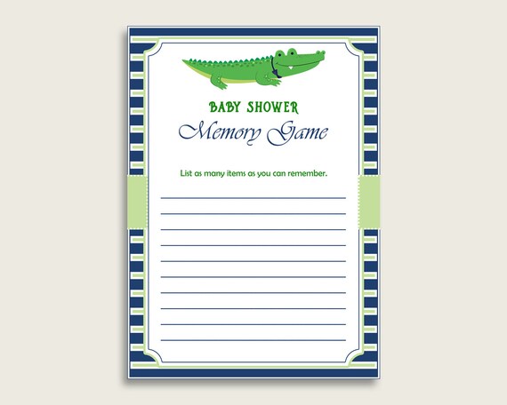 Alligator Baby Shower Memory Game, Blue Green Memory Guessing Game ...