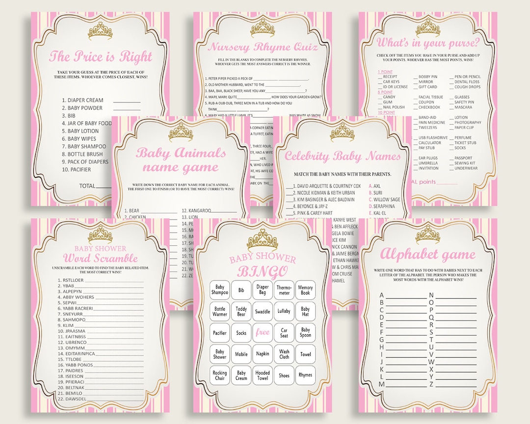 Royal Princess Baby Shower Games Printable Pack, Pink Gold Baby Shower ...