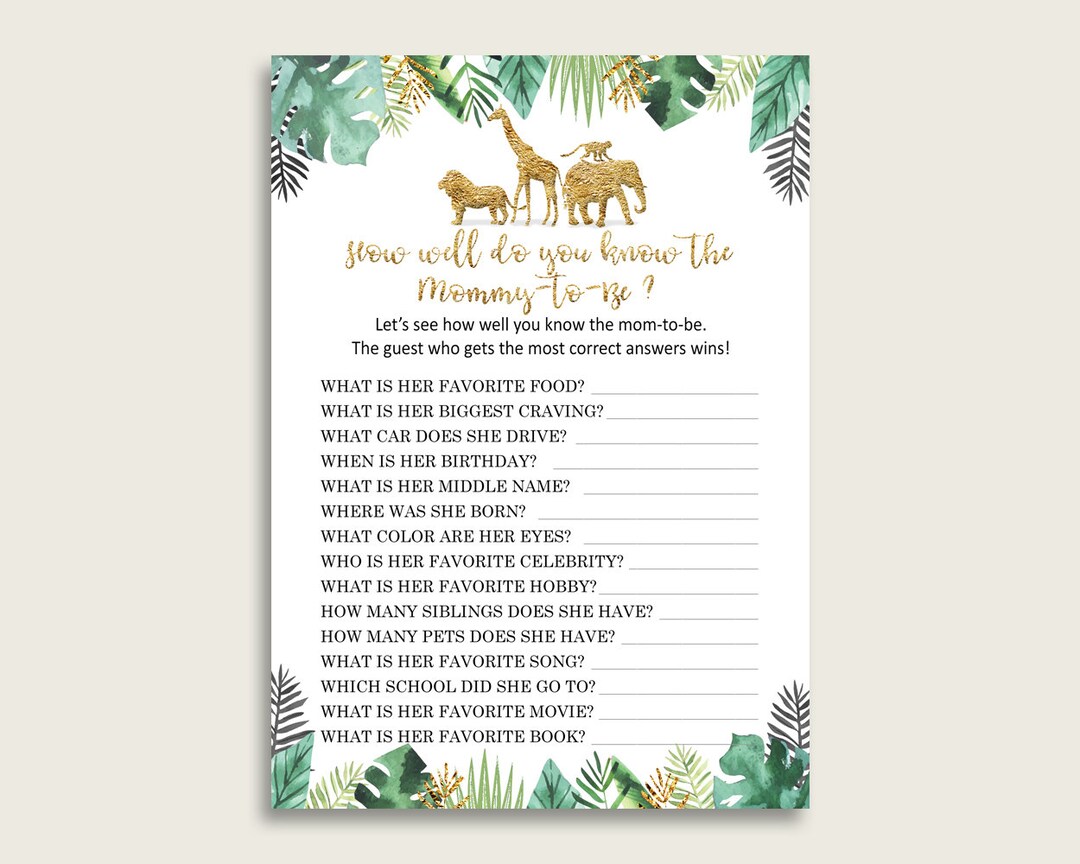 Gold Green How Well Do You Know Mommy Game, Jungle Baby Shower Gender ...
