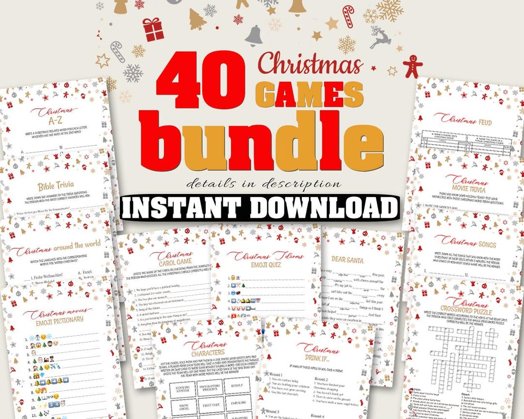 Christmas Party Games Printable Bundle - 40 Festive Red & Gold Holiday ...