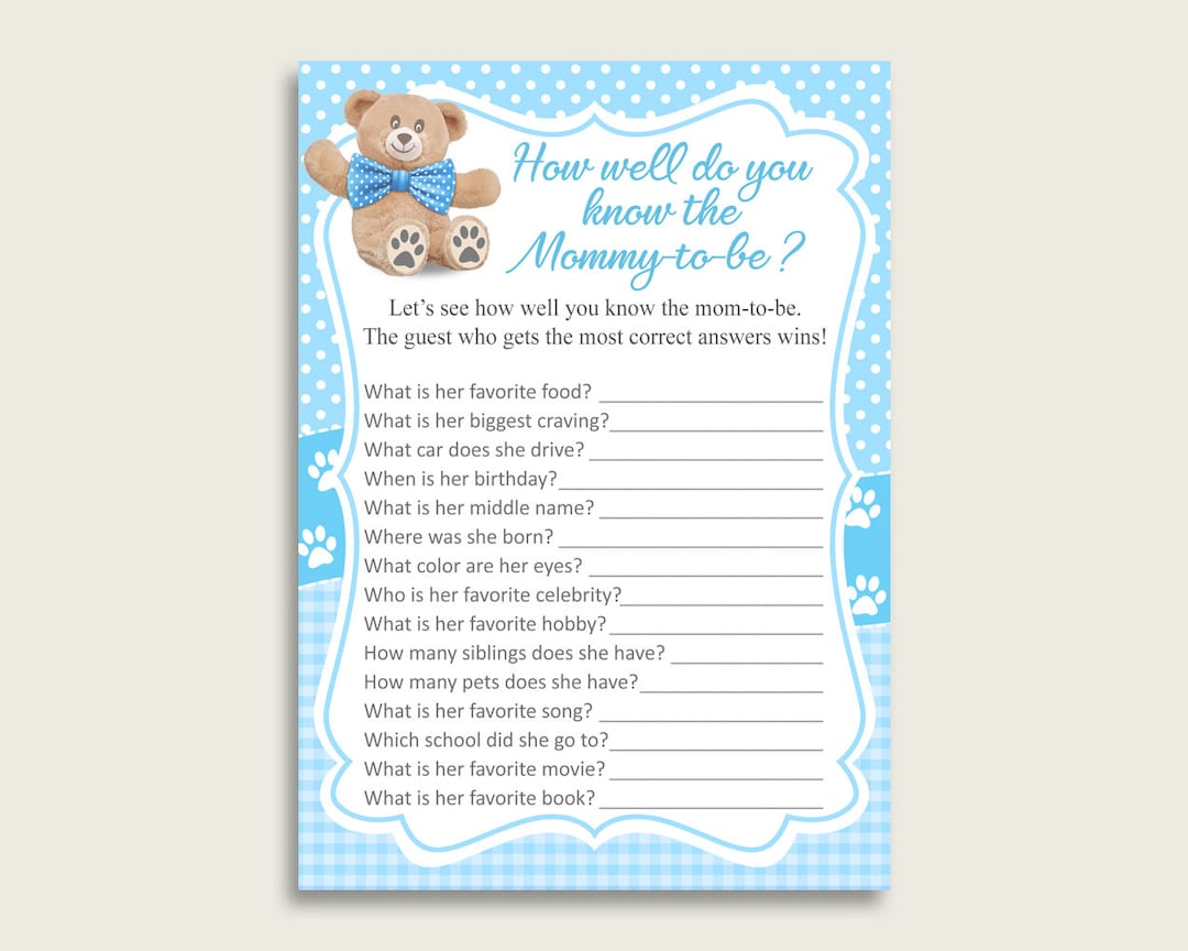 Blue Brown How Well Do You Know Mommy Game, Teddy Bear Baby Shower Boy ...