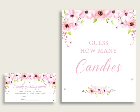 Pink Green Candy Guessing Game, Flower Blush Baby Shower Girl Sign And ...