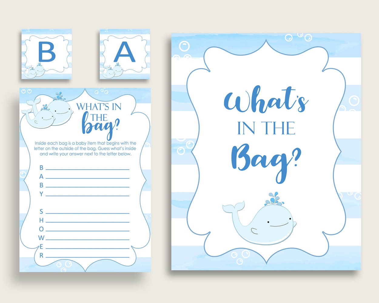 Whale Baby Shower What's in the Bag Game, Blue White Boy Bag Game ...