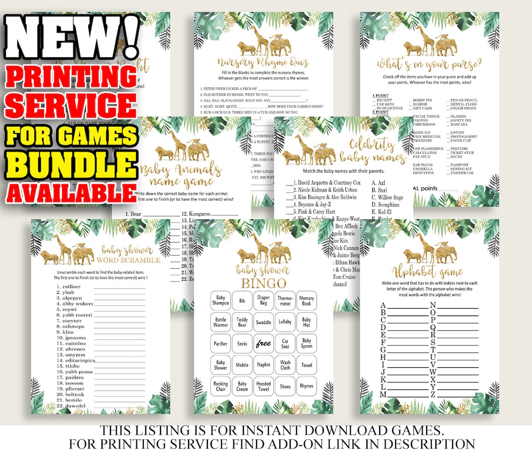 Jungle Baby Shower Games Printable or Printed, Gold Green Baby Shower ...