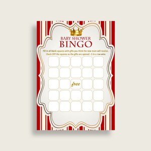 Bingo Baby Shower Bingo Prince Baby Shower Bingo Red Gold Baby Shower ...