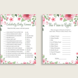 Watercolor Flowers Baby Shower Games Printable Pack, Pink Green Baby ...