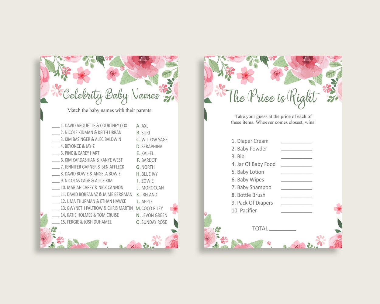 Watercolor Flowers Baby Shower Games Printable Pack, Pink Green Baby ...