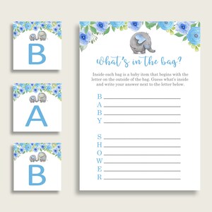 Elephant Blue Baby Shower What's in the Bag Game, Blue Gray Boy Bag ...