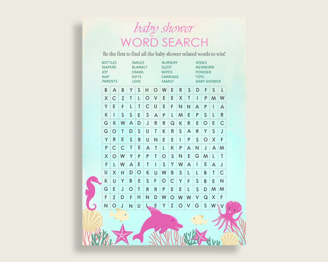Under the Sea Word Search Game, Pink Green Baby Shower Word Search ...