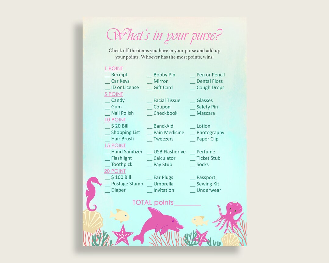Under the Sea What's in Your Purse Game Printable, Pink Green Whats in ...