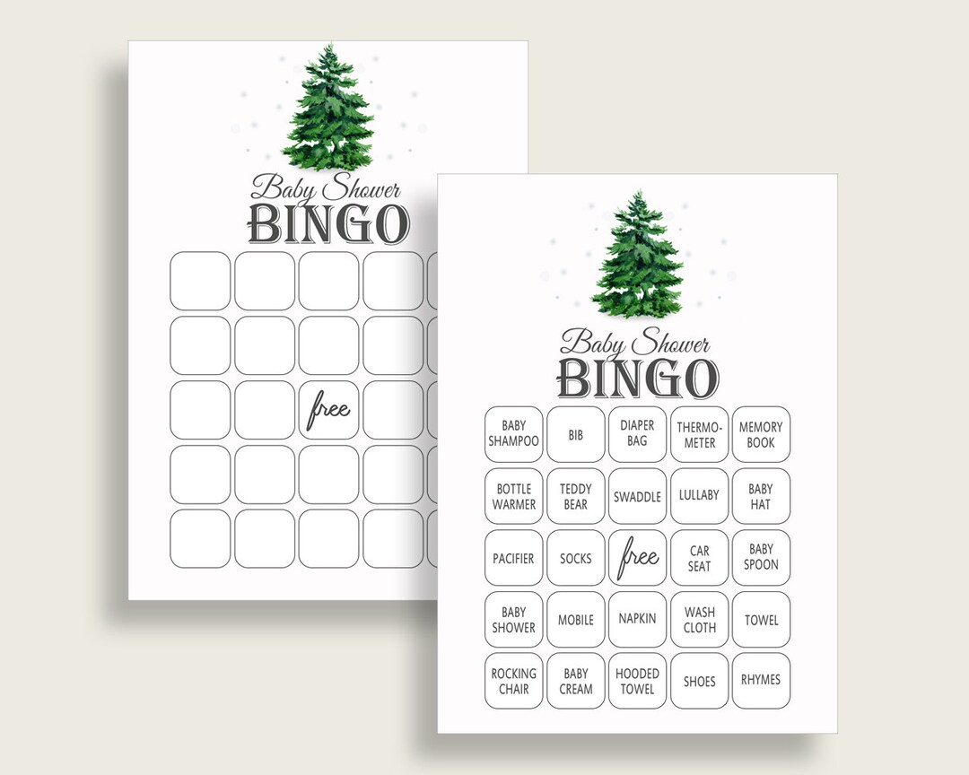 Winter Tree Baby Shower Bingo Cards Printable, Green White Baby Shower ...