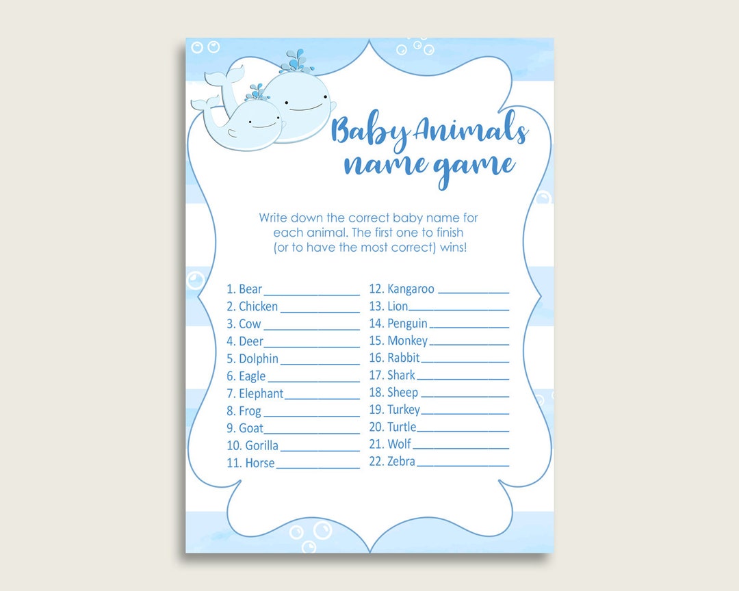 Whale Name the Baby Animals Game Printable, Blue White Baby Shower ...