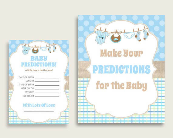 Clothes Baby Shower Prediction Cards & Sign Printable, Blue Beige Baby ...