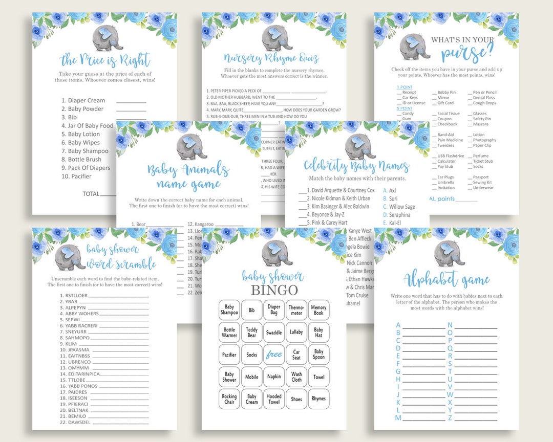 Elephant Blue Baby Shower Games Printable Pack, Blue Gray Baby Shower ...