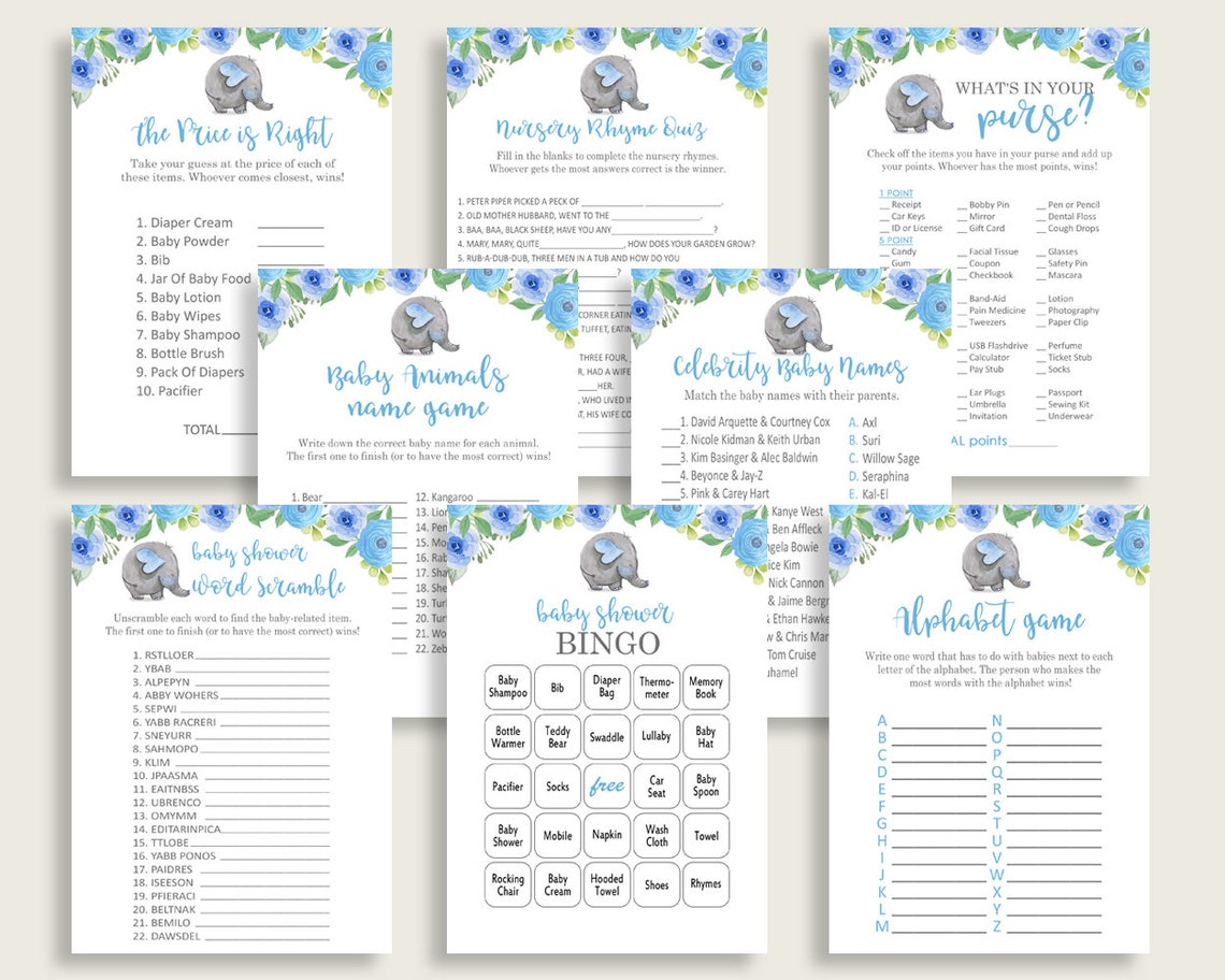 Elephant Blue Baby Shower Games Printable Pack Blue Gray Baby - Etsy
