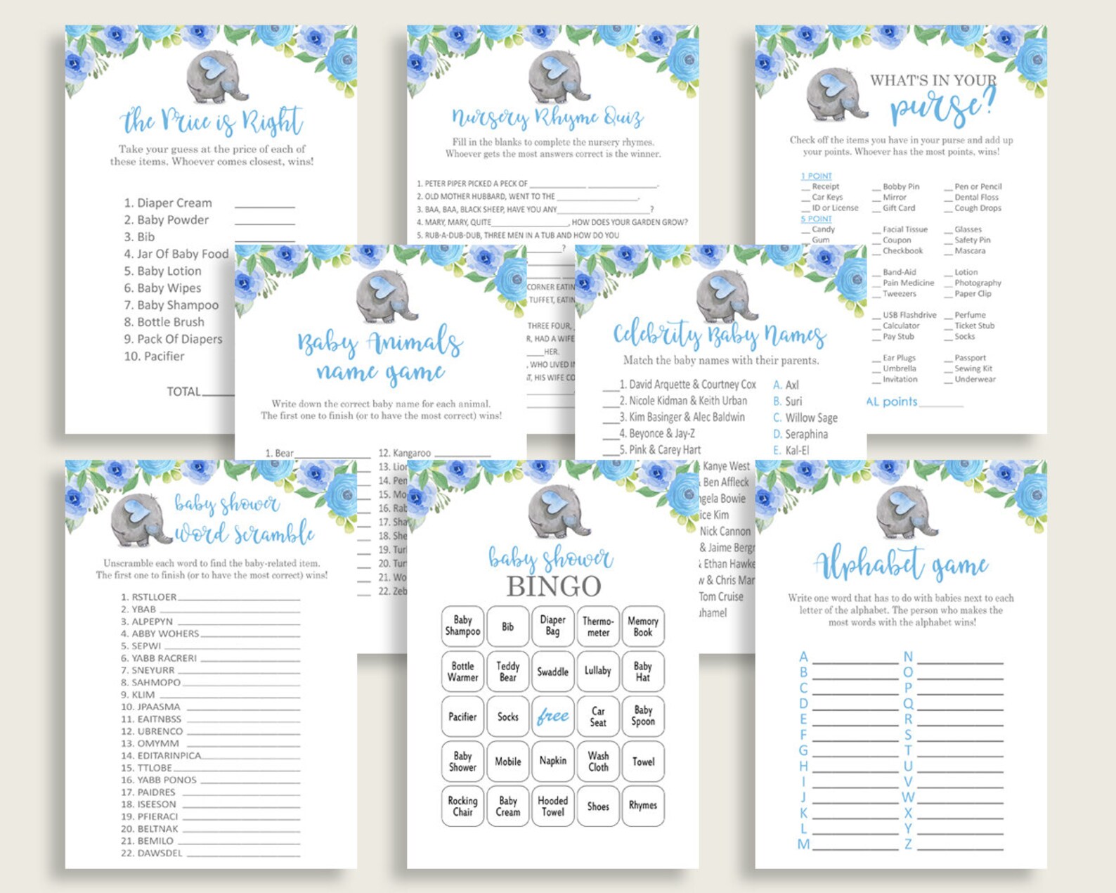 Elephant Blue Baby Shower Games Printable Pack Blue Gray Baby - Etsy