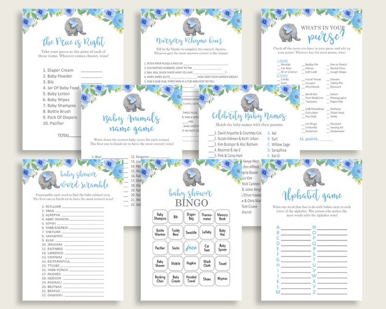 Elephant Blue Baby Shower Games Printable Pack Blue Gray Baby - Etsy