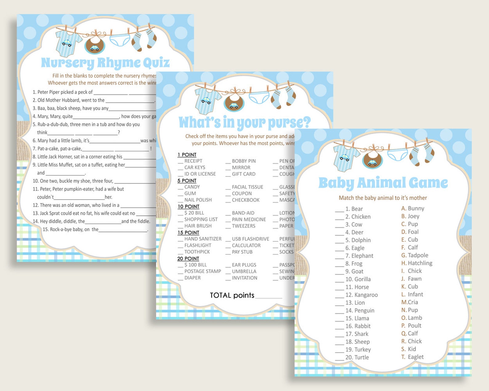 Clothes Baby Shower Games Printable Pack Blue Beige Baby | Etsy