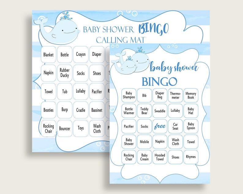 Whale Baby Shower Bingo Cards Printable, Blue White Baby Shower Boy, 60 ...