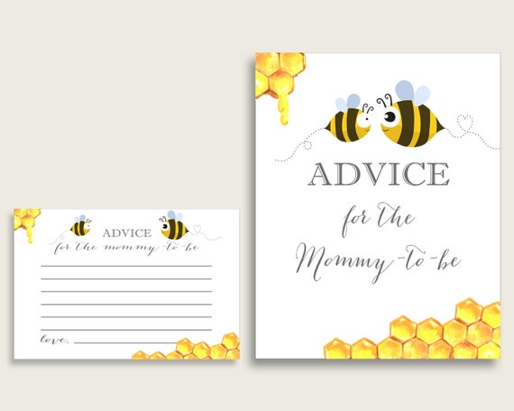 Bee Advice For Mommy To Be Cards & Sign, Printable Baby Shower Yellow ...