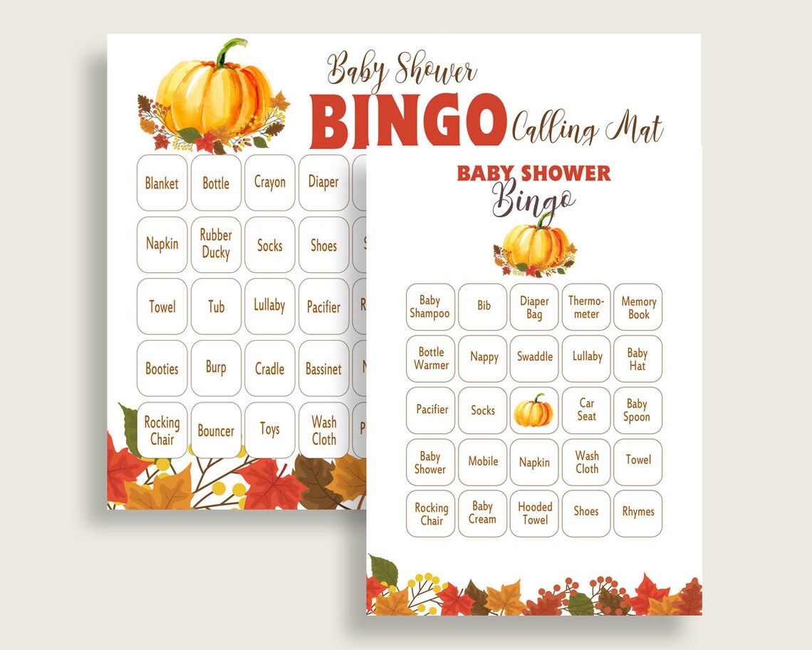Fall Baby Shower Bingo Cards Printable, Orange Brown Baby Shower Gender ...