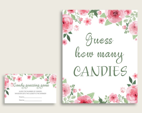 Pink Green Candy Guessing Game, Watercolor Flowers Baby Shower Girl ...