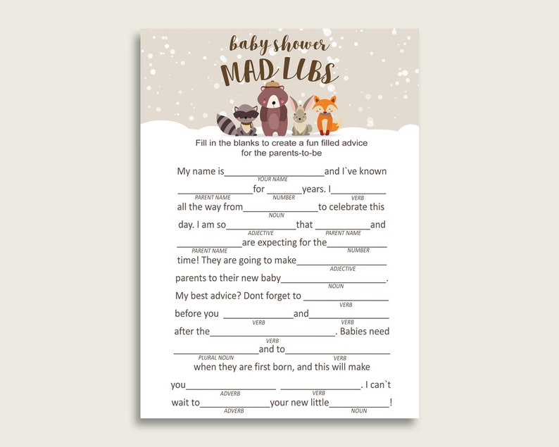 Beige Brown Mad Libs Baby Shower Gender Neutral Game Printable, Winter ...