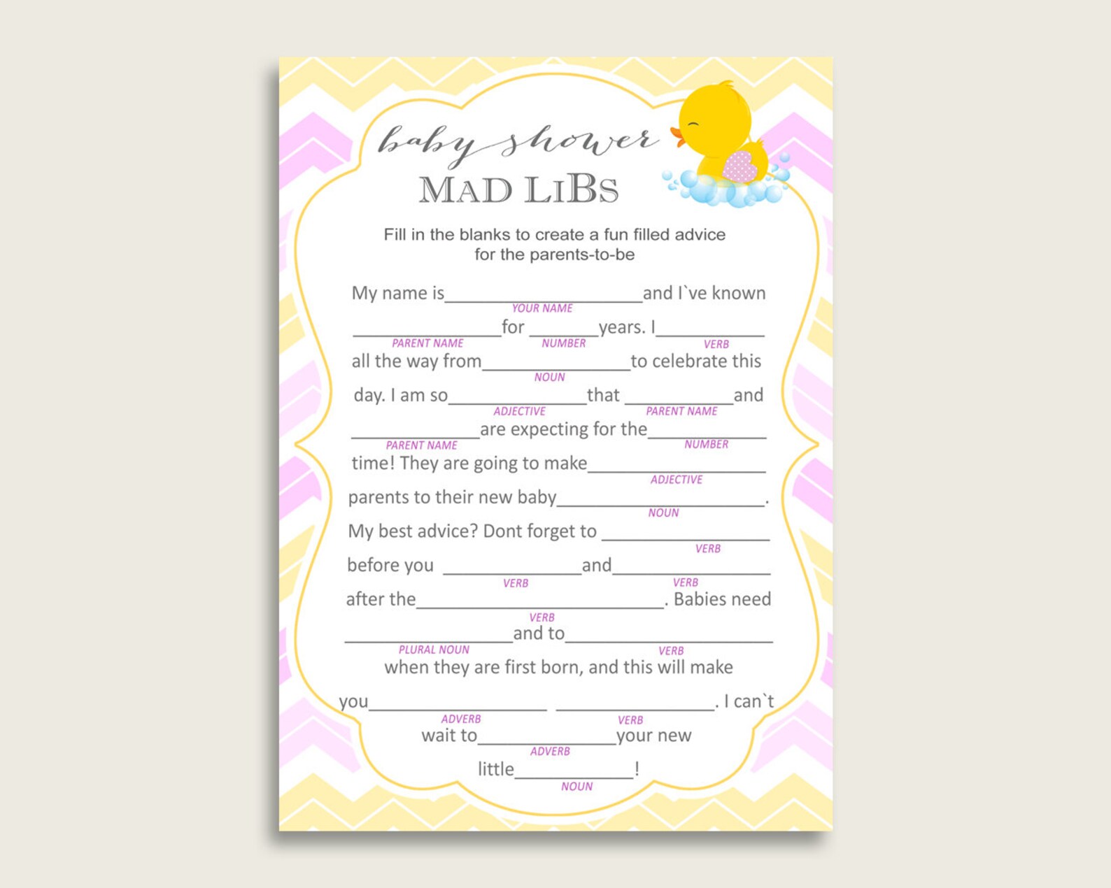 Yellow Pink Mad Libs Baby Shower Girl Game Printable, Rubber Ducky Mad ...
