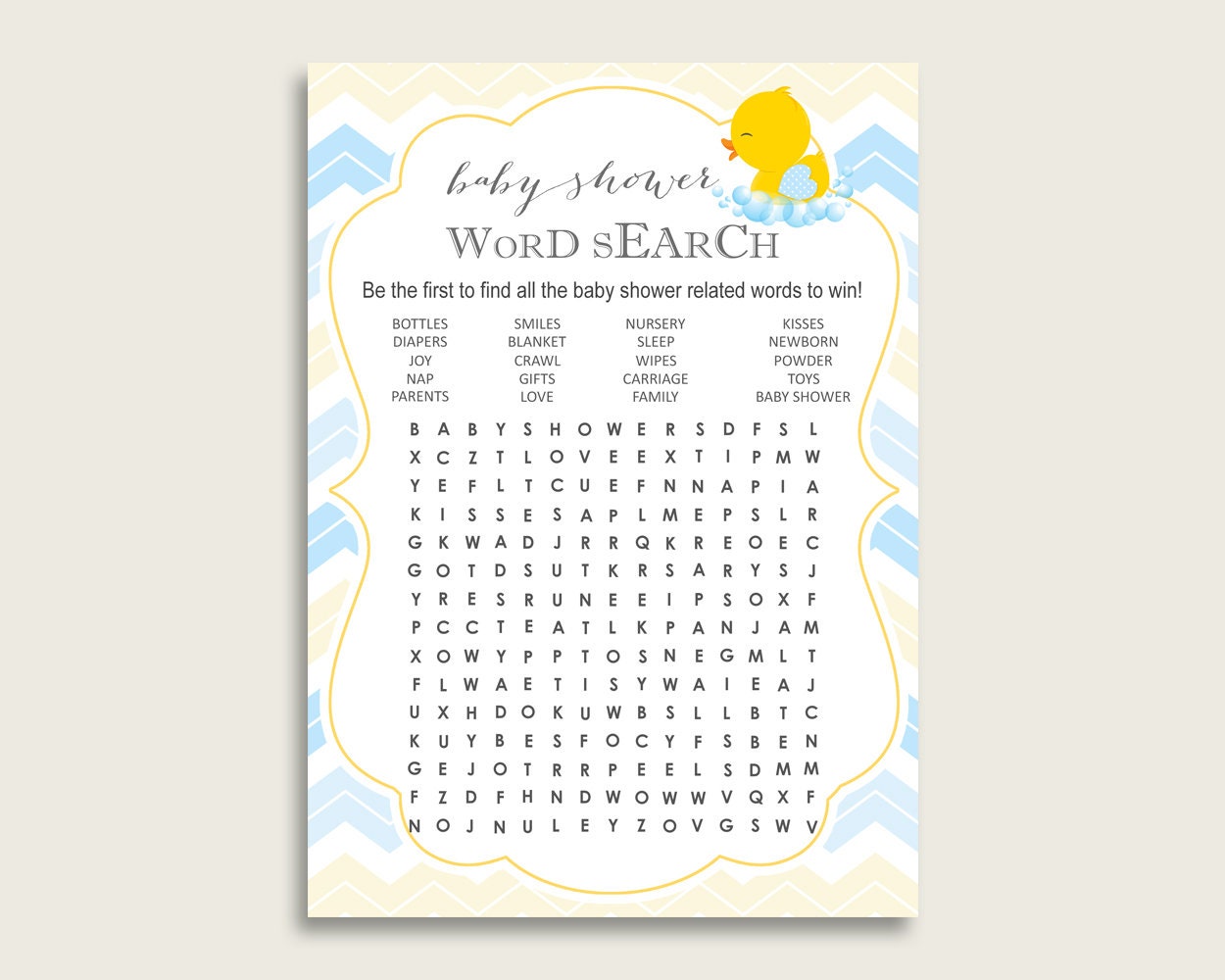 Rubber Duck Word Search Game Yellow Blue Baby Shower Word | Etsy