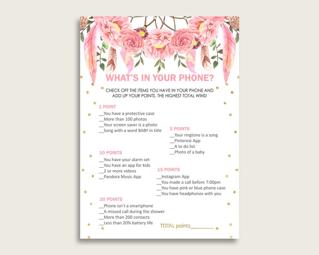Pink Gold What's in Your Phone Game, Dreamcatcher Baby Shower Girl ...