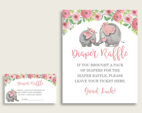 Pink Elephant Baby Shower Diaper Raffle Tickets Game, Girl Pink Grey ...