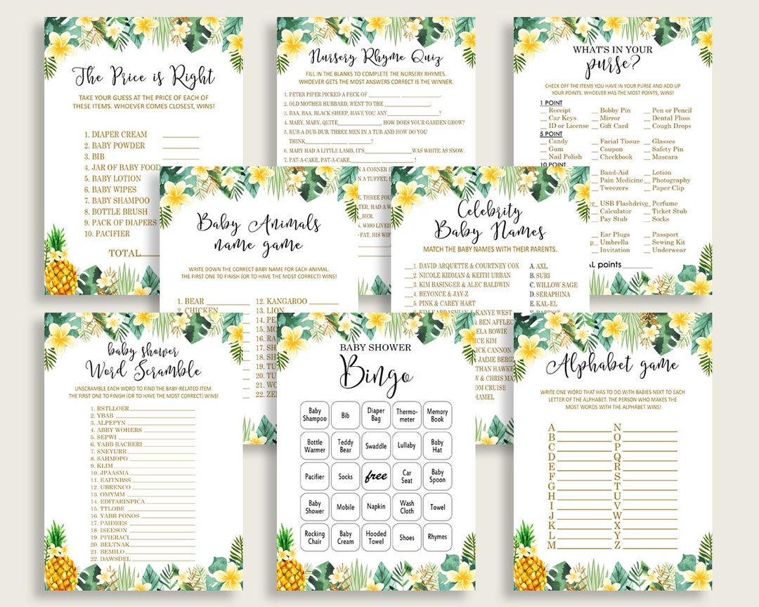 Tropical Baby Shower Games Printable Pack, Green Yellow Baby Shower ...