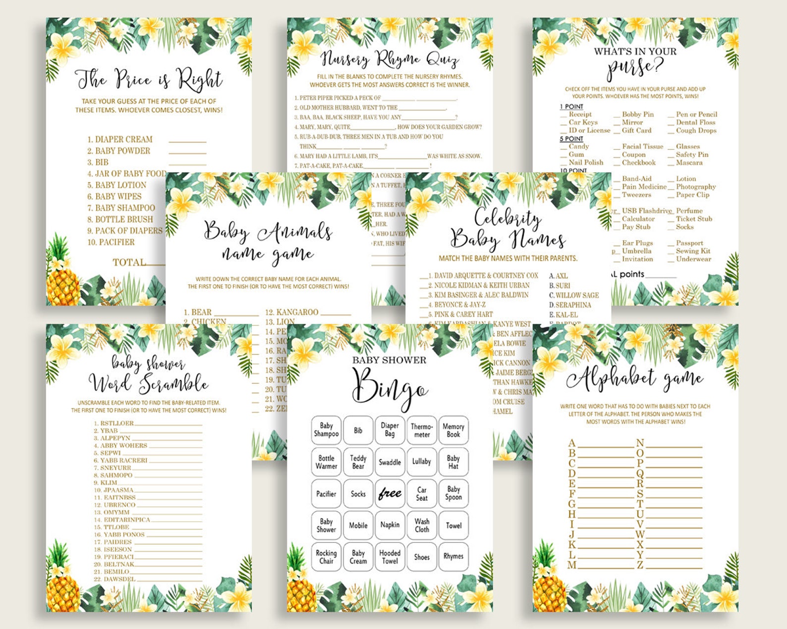 Tropical Baby Shower Games Printable Pack Green Yellow Baby - Etsy