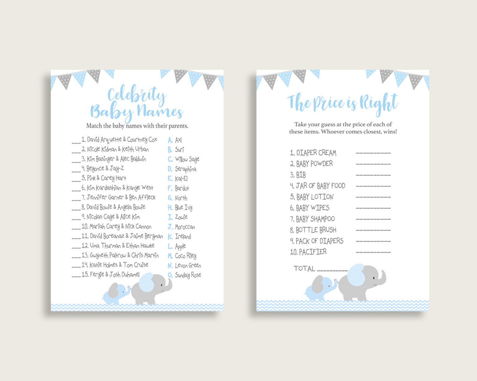 Elephant Baby Shower Games Printable Pack, Blue Grey Baby Shower Games ...