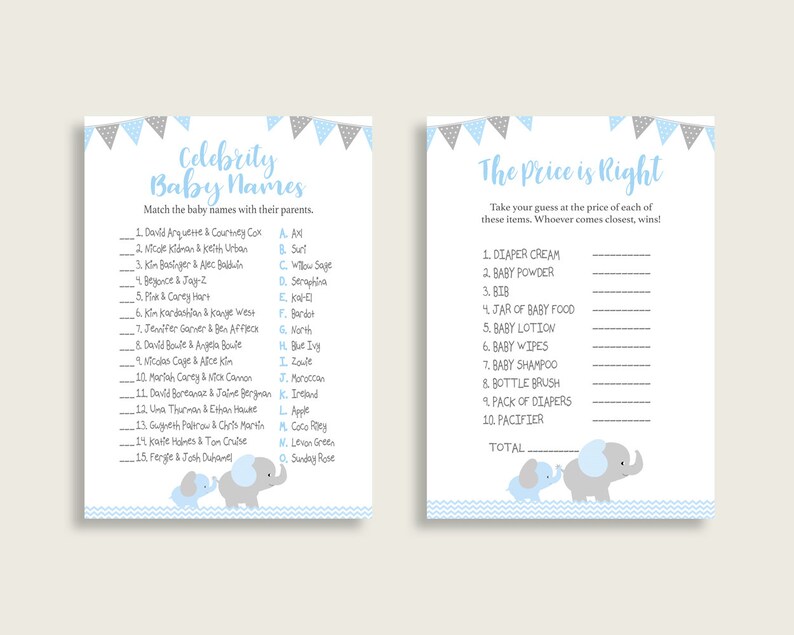 Elephant Baby Shower Games Printable Pack, Blue Grey Baby Shower Games ...