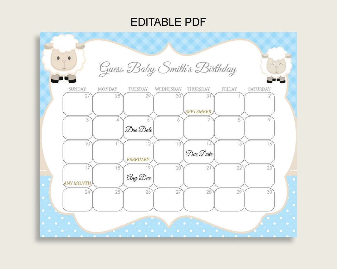 Blue White Guess Baby Due Date Calendar Game Printable, Little Lamb ...