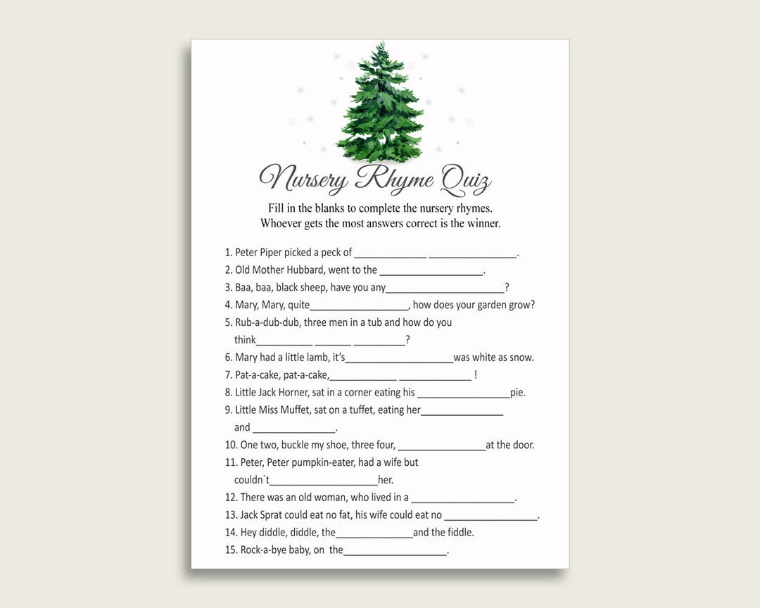 Winter Tree Nursery Rhyme Quiz Printable, Green White Nursery Rhyme ...
