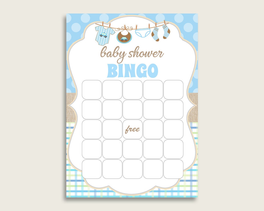 Blue Beige Baby Shower Bingo Blank Game Printable, Clothes Baby Shower ...