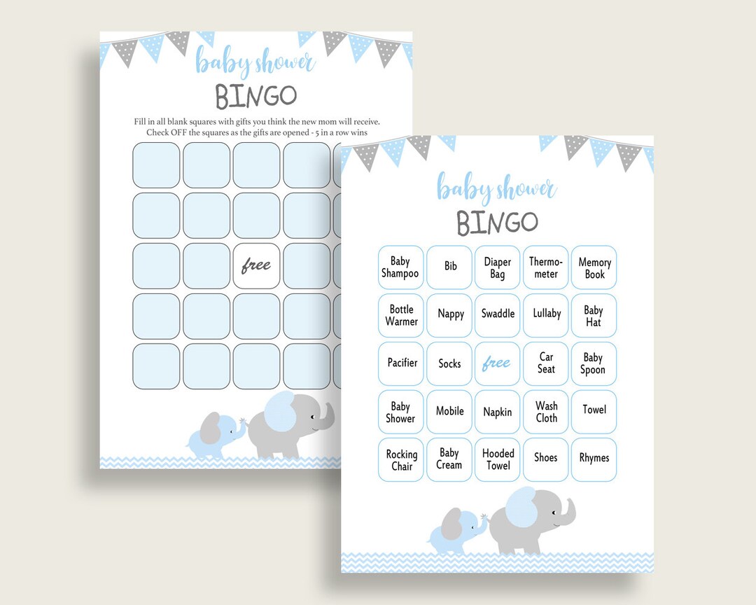 Elephant Baby Shower Bingo Cards Printable, Blue Grey Baby Shower Boy ...