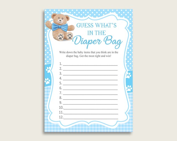 Teddy Bear Guess What's In The Diaper Bag Game, Boy Baby Shower Blue ...