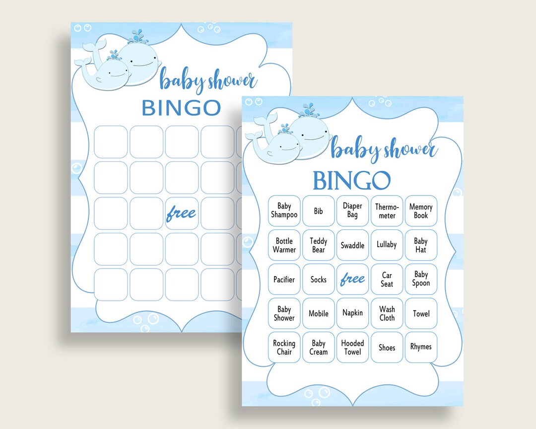 Whale Baby Shower Bingo Cards Printable, Blue White Baby Shower Boy, 60 ...