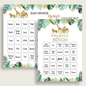 Jungle Baby Shower Bingo Cards Printable or Printed, Gold Green Baby ...