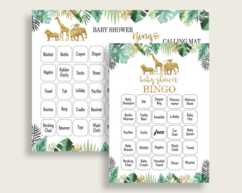 Jungle Baby Shower Bingo Cards Printable Gold Green Baby - Etsy