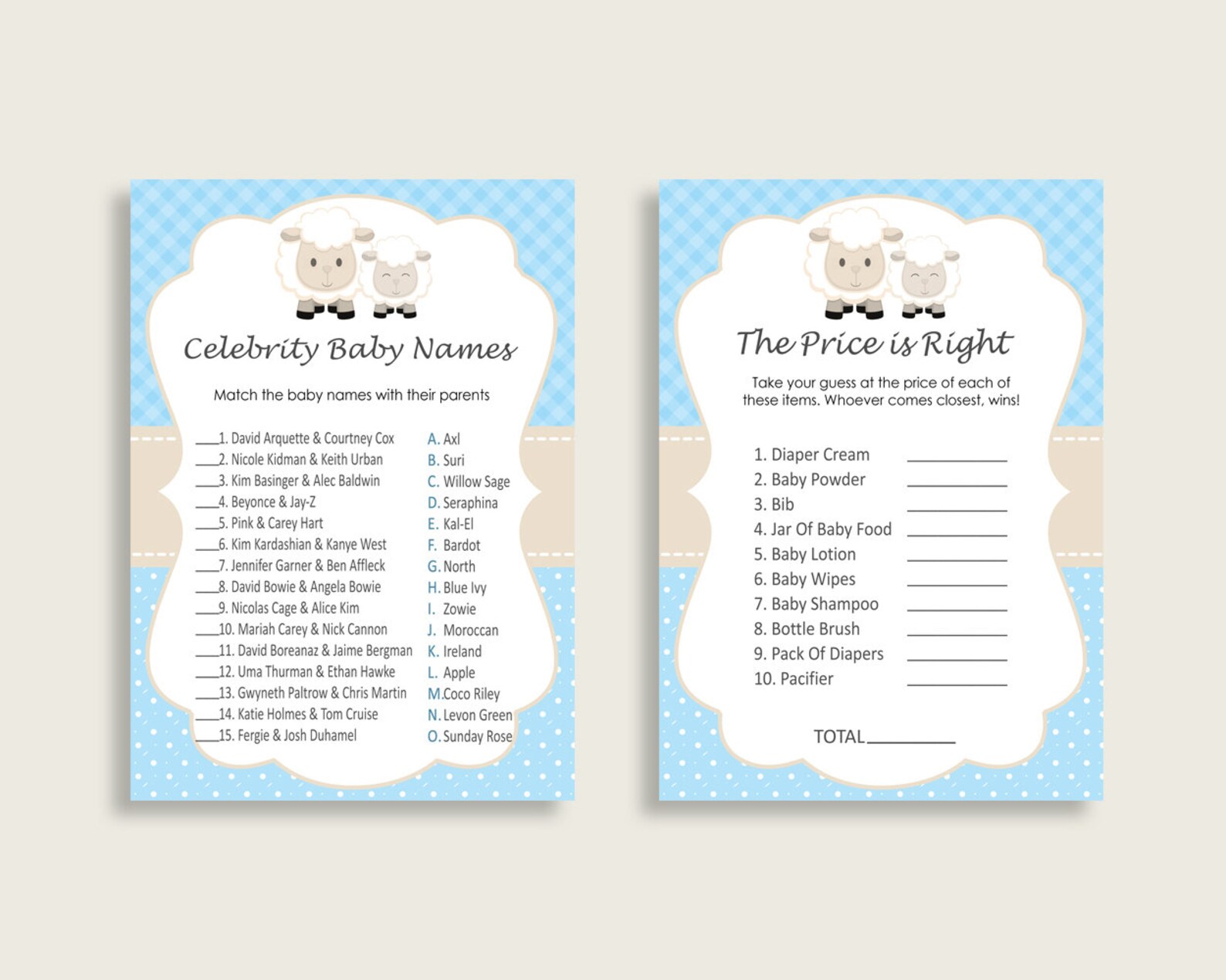 Little Lamb Baby Shower Games Printable Pack, Blue White Baby Shower ...
