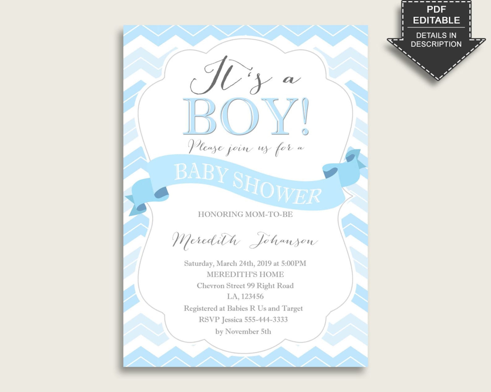 Chevron Baby Shower Invitations Printable, Digital or Printed ...